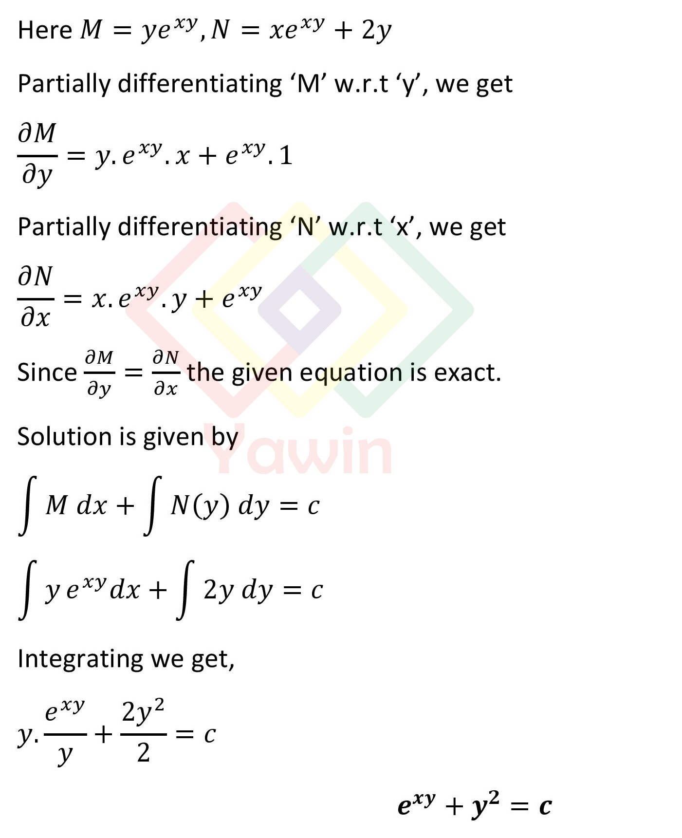 Solve ye^xy dx+(xe^xy +2y)dy=0 – Yawin