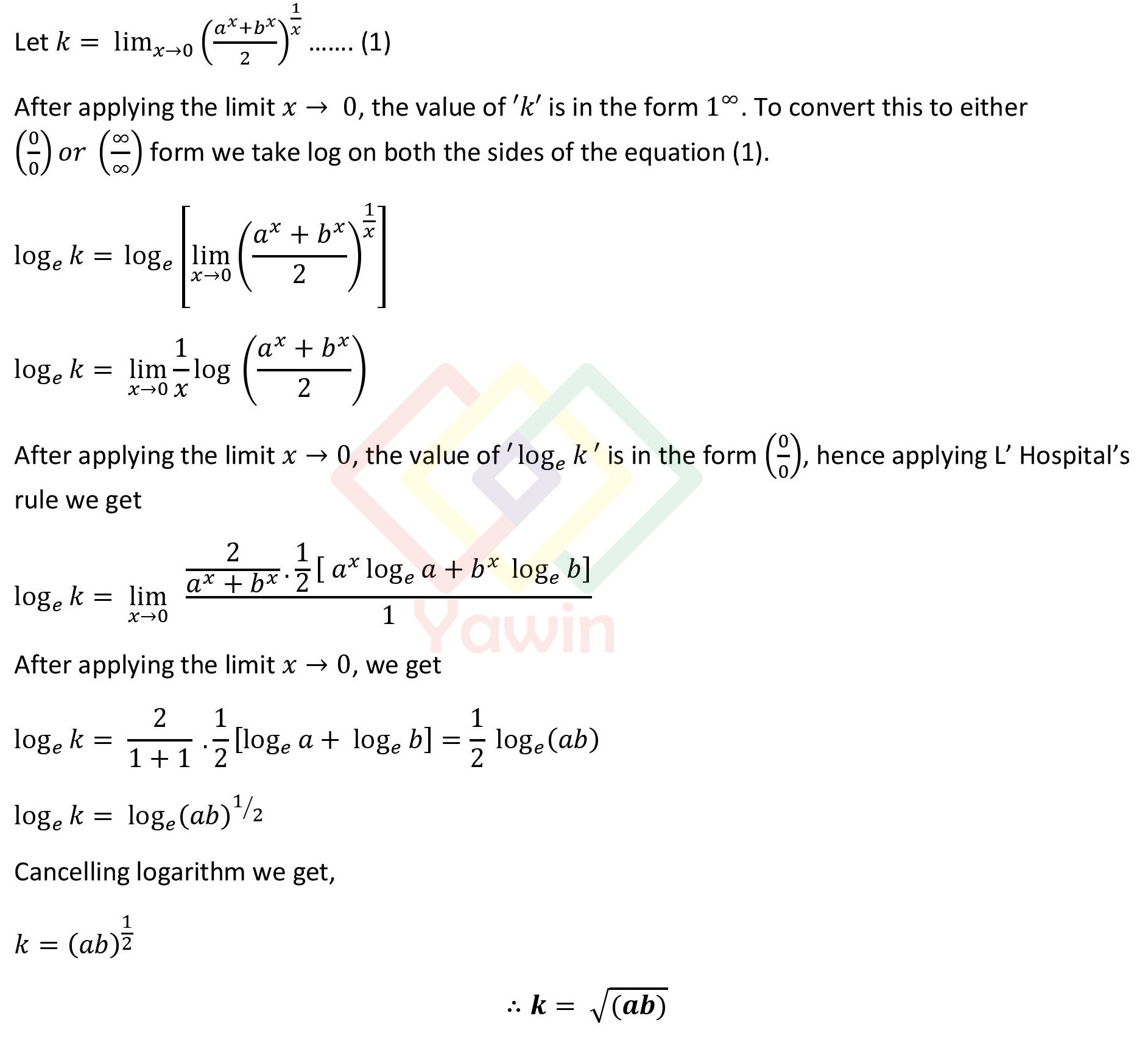 Evaluate lim(x→0) ((a^x+b^x)/2)^(1/x) – Yawin
