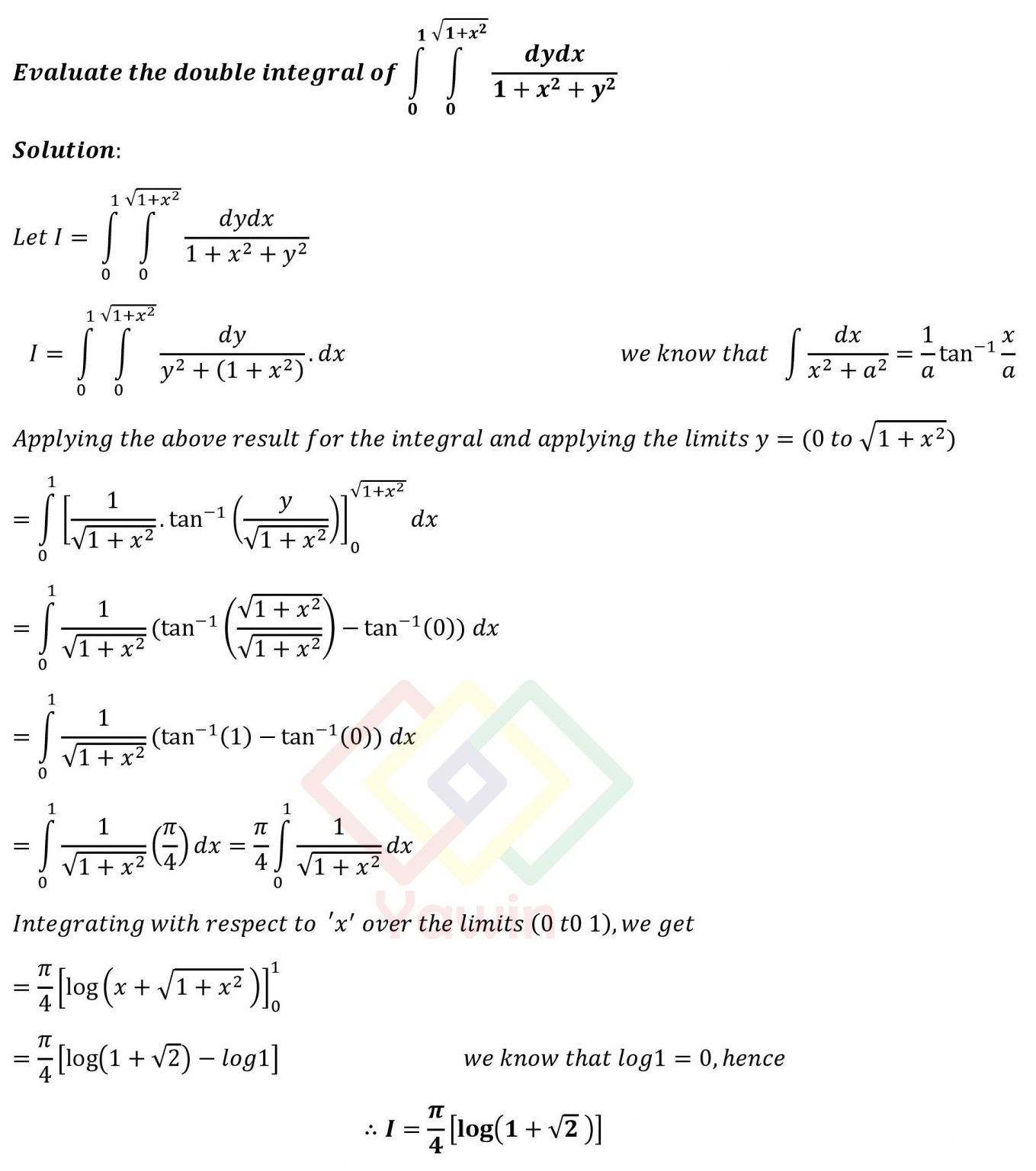 Evaluate the double integral of (dy dx) / (1+x^2+y^2) over the limits y = (0 to sqrt(1+x^2) and ...