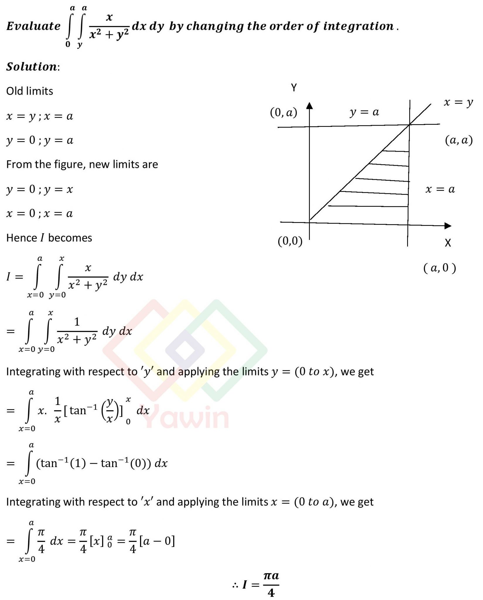 Evaluate x/(x^2+y^2) over the limits x=(y to a) and y=(0 to a) by ...