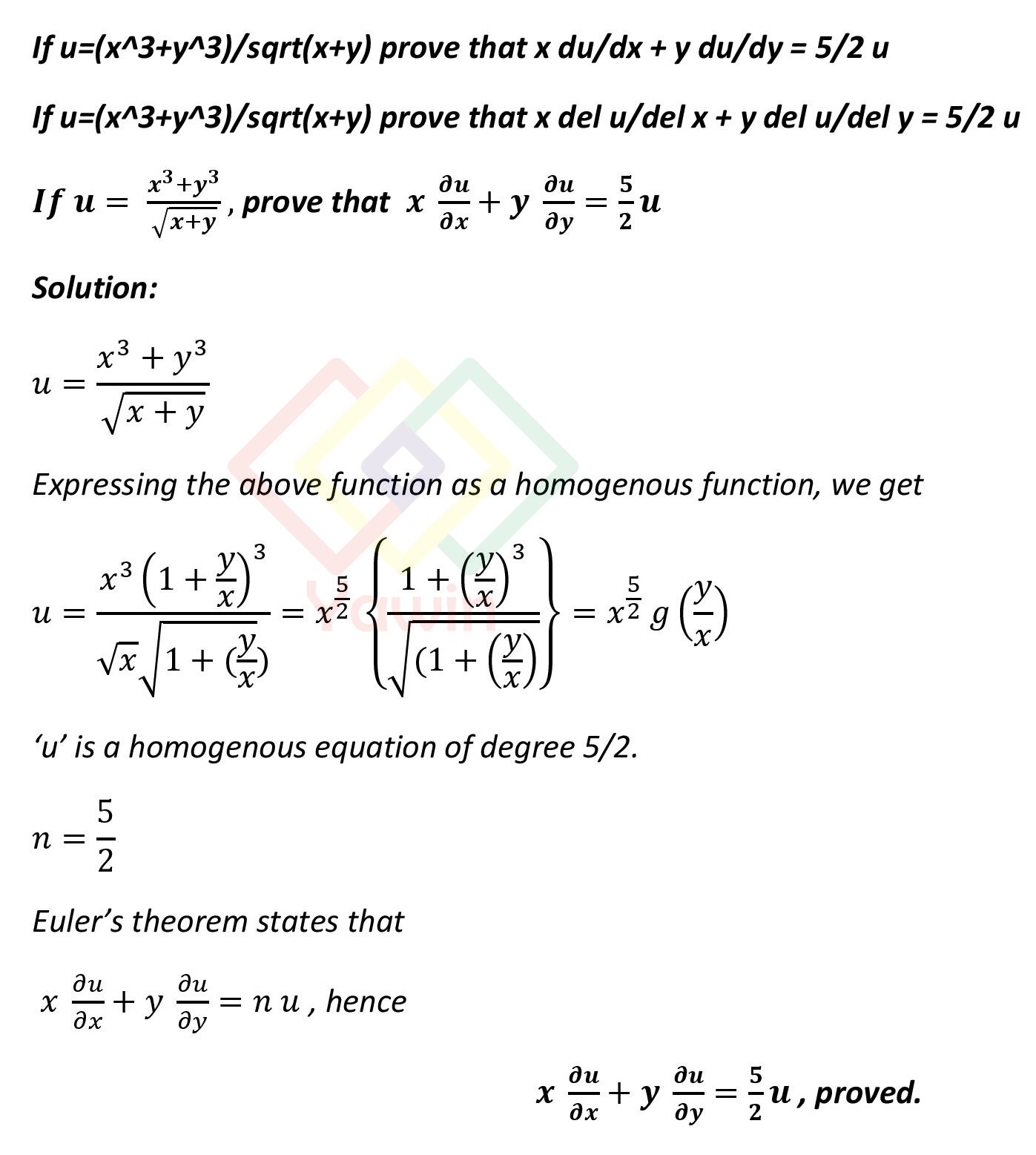 Prove That X ∂u∂xy ∂u∂y52 U Using Eulers Theorem Yawin 1701