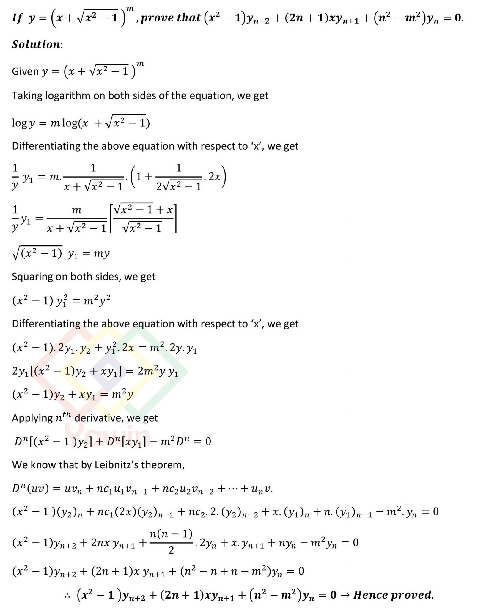 If y=(x+sqrt(x^2-1))^m, prove that (x^2-1) y_(n+2)+(2n+1)xy_(n+1)+(n^2 ...
