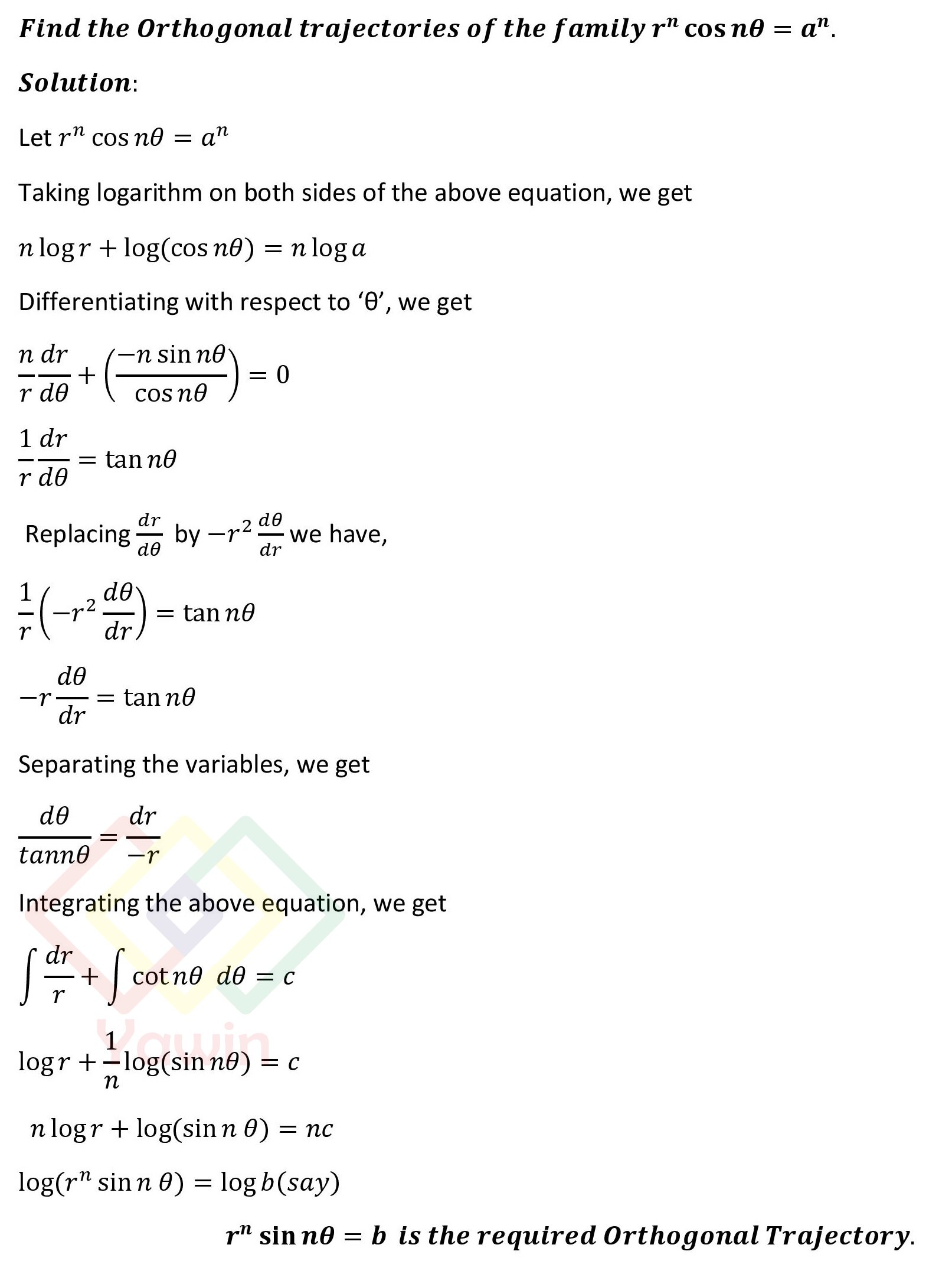 Find the Orthogonal trajectories of the family r^n cos(n.theta) = a^n ...