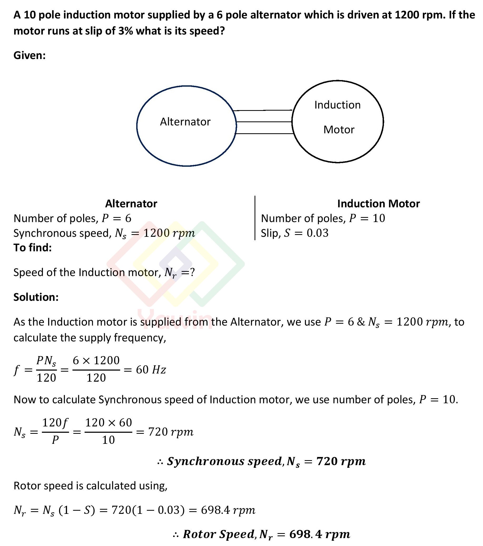 A 10 pole induction motor supplied by a 6 pole alternator which is ...