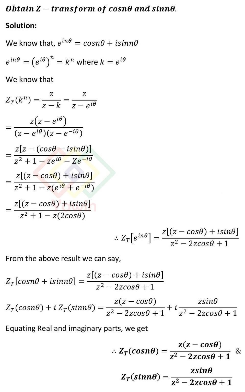 Obtain Z-transform of cosn(theta) and sinn(theta) – Yawin