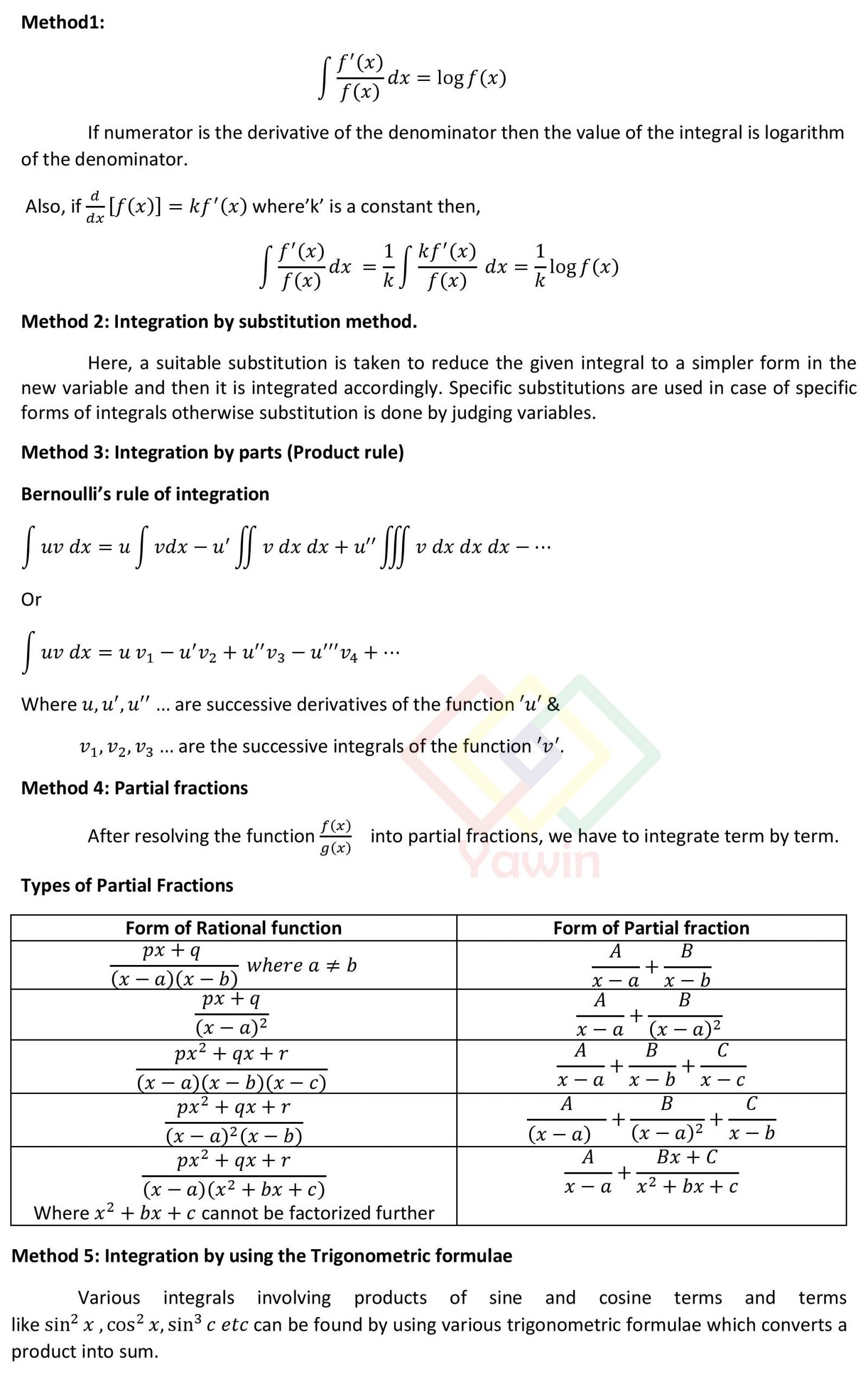 Integration Formulae – Yawin