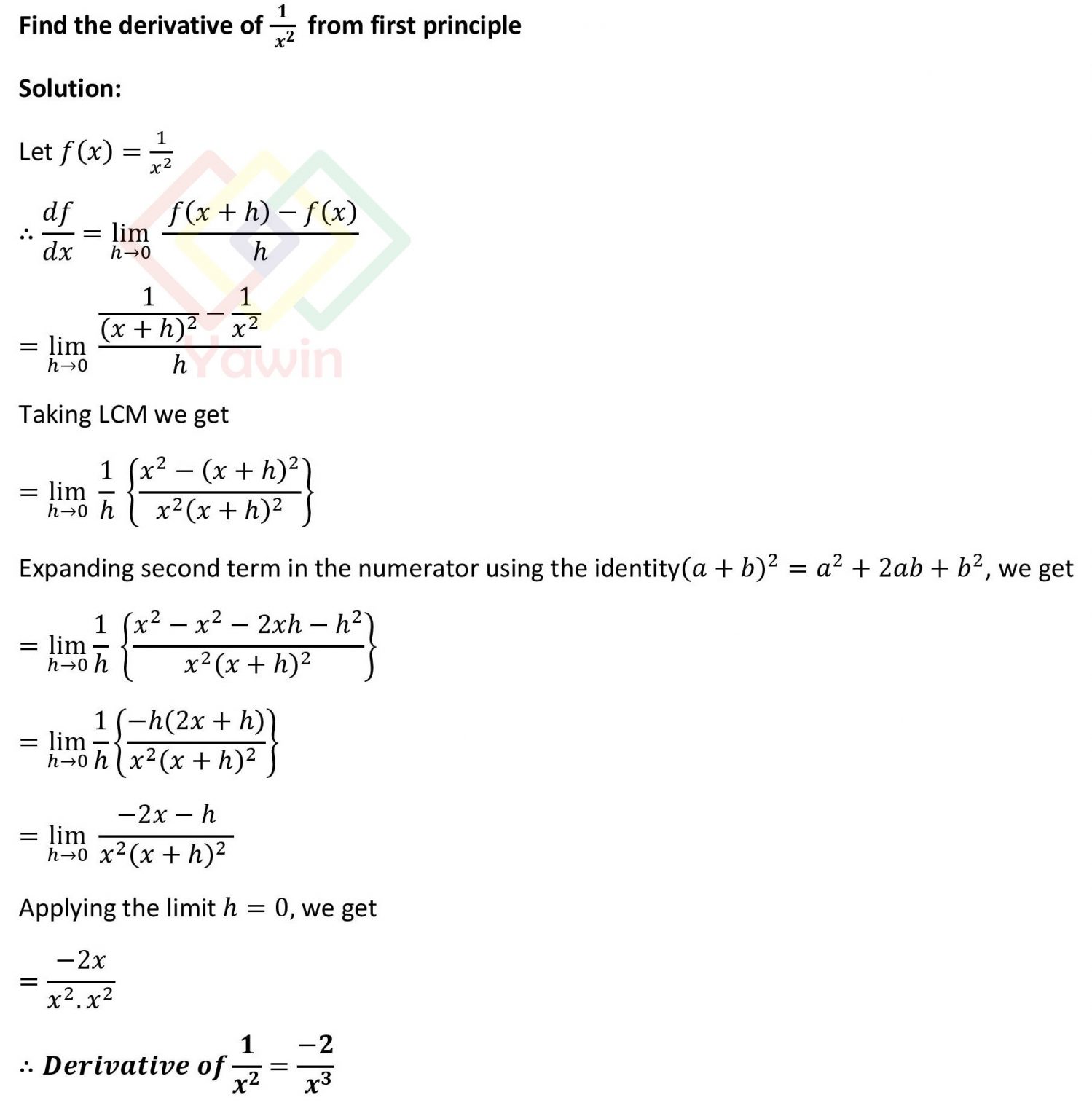 Find the derivative of 1/x^2 from first principle – Yawin