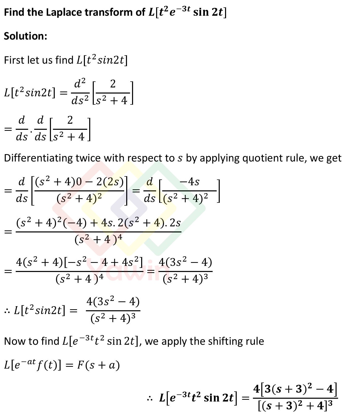 Find the Laplace transform of t^2 e^ (-3t) sin2t – Yawin