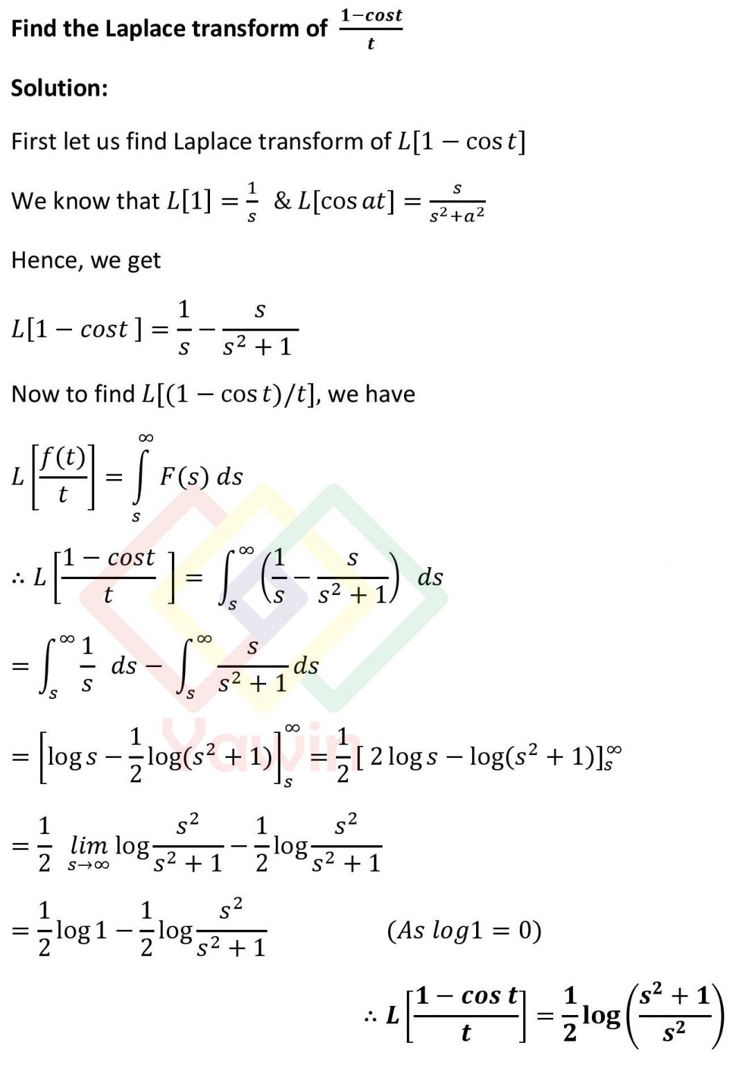 Find the Laplace transform of (1-cost)/t – Yawin
