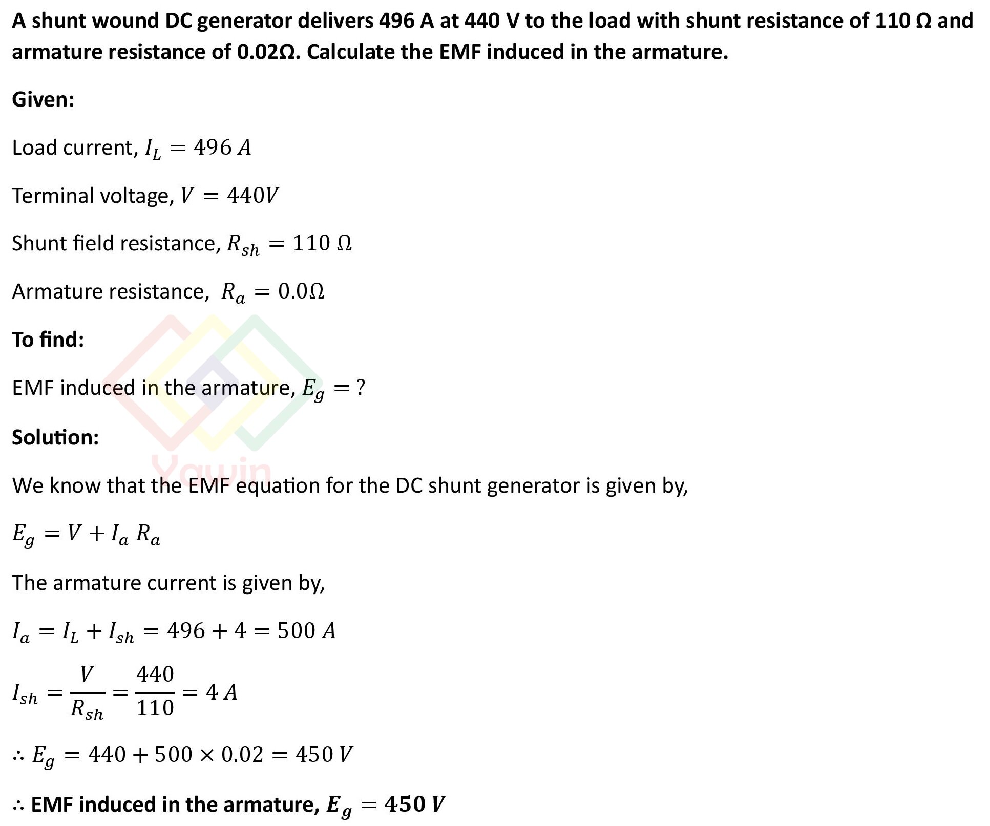 A shunt wound DC generator delivers 496 A at 440 V to the load with ...