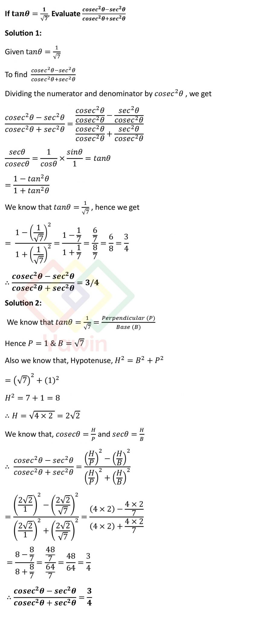 If Tan Theta 1 √7 Evaluate Cosec 2 Theta Sec 2 Theta Cosec 2